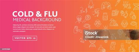 의료 감기 및 독감 바이러스 컬러 그라데이션 배너 인포 그래픽 라인 아트 아이콘으로 설정 간호사에 대한 스톡 벡터 아트 및 기타 이미지 간호사 감기와 독감 개체 그룹