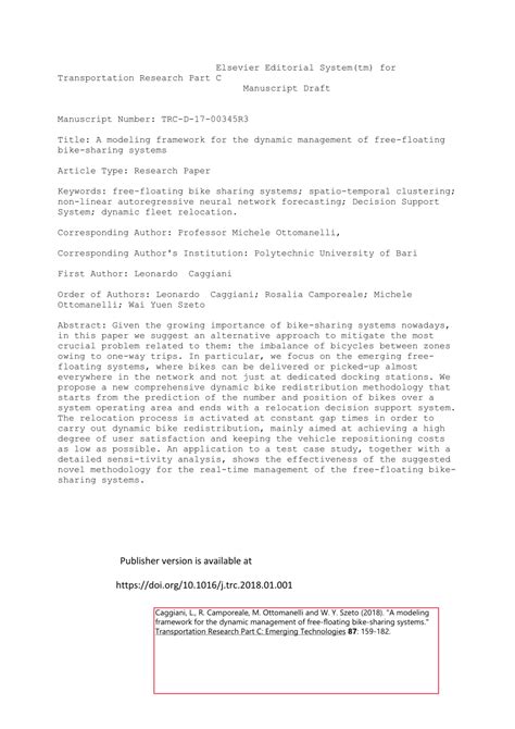 Pdf A Modeling Framework For The Dynamic Management Of Free Floating Bike Sharing Systems