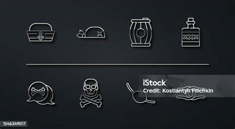 세트 라인 선원 모자 위치 해적 알코올 음료 럼 해적 눈 패치 해골 십자뼈 머리용 두건 밧줄 묶인 매듭 및 화약 배럴 아이콘 벡터 가공의 인물에 대한 스톡 벡터 아트 및