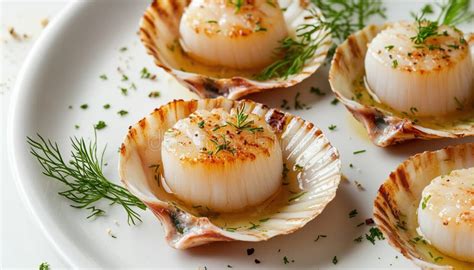 Delicious Backed Scallops In Shells Plated On White With Scallops Au