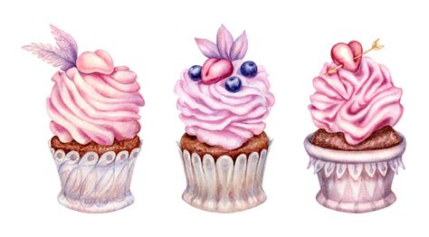 성 발렌타인 데이 웨딩 디자인 벽지 포장지 과자 선물 상자 초콜릿 머그잔을 위한 마음으로 손으로 그린 수채화 핑크 컵케이크 세트