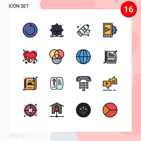 Mobile Interface Flat Color Filled Line Set Of 16 Pictograms Of Love Bleeding Gas Setting Mobile