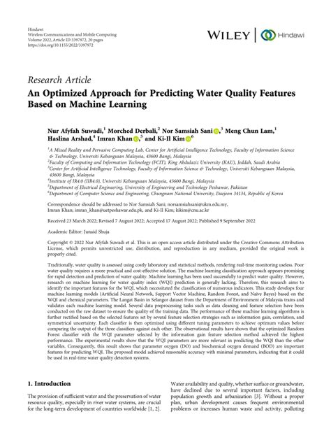 pdf an optimized approach for predicting water quality features based
