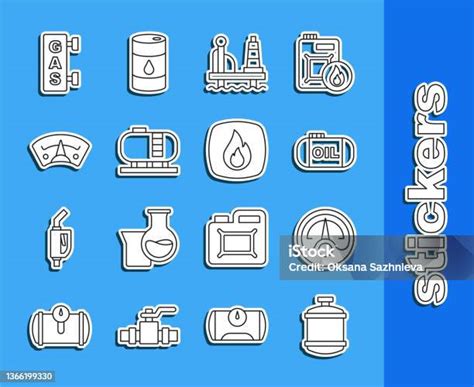 세트 라인 프로판 가스 탱크 모터 게이지 오일 저장 바다의 플랫폼 가스 충전소 및 화재 불꽃 아이콘 벡터 가솔린에 대한 스톡 벡터 아트 및 기타 이미지 Istock