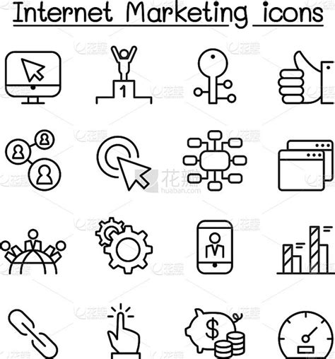 Seo And网络营销图标设置在细线风格素材 花瓣网