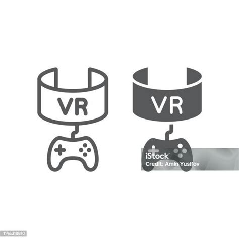 Vr 게임 라인과 글리프 아이콘 장치 및 엔터테인먼트 가상 현실 헤드셋 기호 벡터 그래픽 흰색 바탕에 선형 패턴 10에 대한