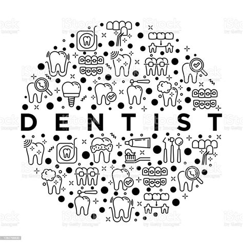 얇은 라인 아이콘과 원에 치과 의사 개념 치과 기기 돋보기 치열 교정 치아 추출 베니어 중괄호 미적분 초음파 청소 벡터 그림입니다 개념에 대한 스톡 벡터 아트 및 기타
