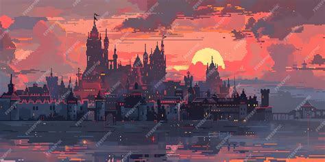 Anime Pixel Art Of A Fantasy Cityscape At Sunset With Castles Concept