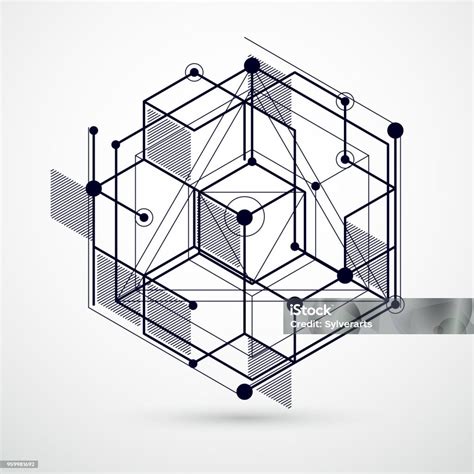 현대 추상 입방 격자 라인 검은색과 흰색 배경 벡터입니다 큐브 육각형 사각형 사각형 및 다른 추상 요소 레이아웃 추상적인 기술