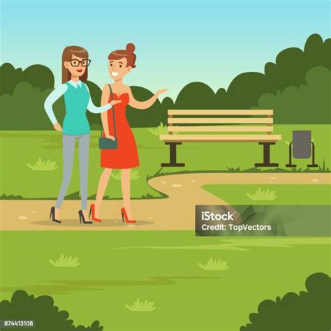 우정 개념 벡터 일러스트 레이 션 공원에서 산책 하는 두 여자 친구 2명에 대한 스톡 벡터 아트 및 기타 이미지 2명 개념