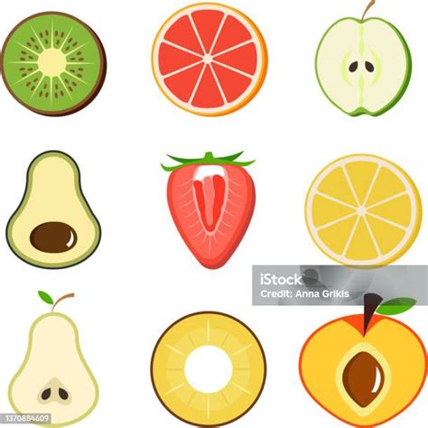 신선한 과일의 벡터는 반으로 잘라 단면 귀여운 아이콘 컬렉션 사과 배 키위 파인애플 아보카도 딸기 세트 0명에 대한 스톡 벡터 아트 및 기타 이미지 Istock