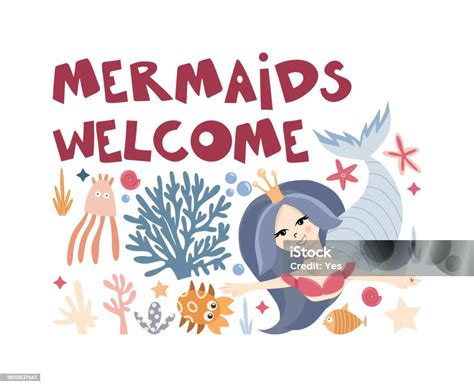 해초 산호 및 바다 생물 중 바다 아래 귀여운 인어와 함께 미리 만들어진 구성 인어는 인어에 대한 편지 환영 포스터 카드 섬유 인쇄에 대한 벡터 손으로 그린 일러스트레이션