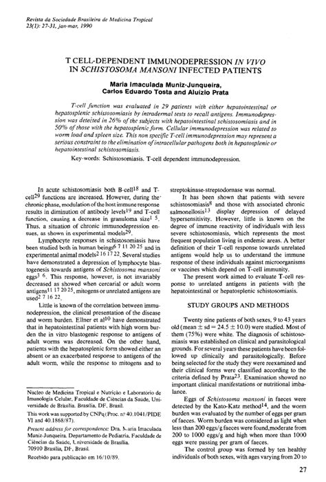 Pdf T Cell Dependent Immunodepression In Vivo In Schistosoma Mansoni