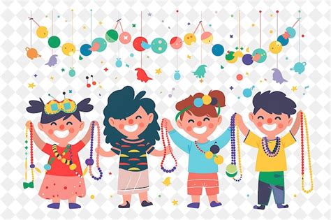 마디 그라와 함께 아이들이 구슬과 사탕을 수집하는 디자인 I Png 페스티벌 2d 플래트 아트 일러스트레이션 프리미엄 Ai 생성 Psd