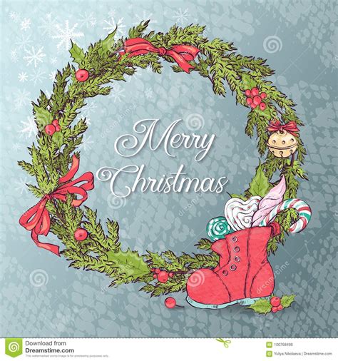 White Card With Christmas Wreath And Bow Vector Illustration Stock