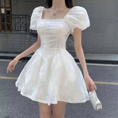 Lourdasprec Elegant Sweet White Dress Summer Woman Retro Square Collar Puff Sleeve Fluffy Dress