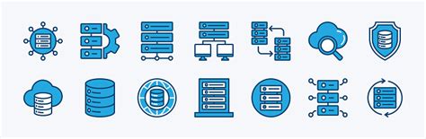 웹 호스팅 서버 아이콘 세트입니다 연결 센터 빅 데이터 기술 데이터베이스 클라우드 컴퓨팅 글로벌 네트워크 연구 관리 백업 사이버