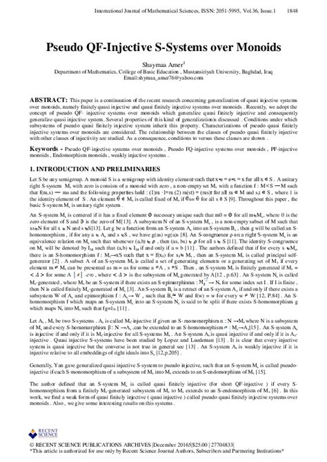 Pdf Pseudo Qf Injective S Systems Over Monoids