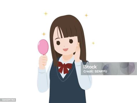 거울 일러스트를 보고 있는 학생 소녀 거울에 대한 스톡 벡터 아트 및 기타 이미지 거울 교복 귀여운 Istock