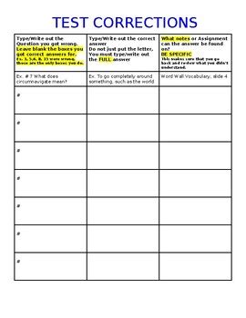 Test Corrections Handout By Jenna Nicole TPT