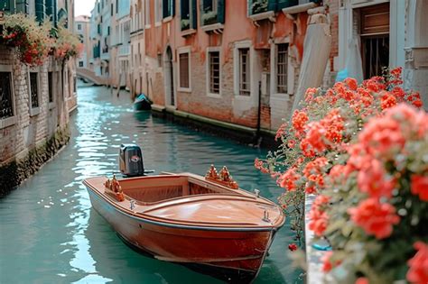 Decorative Canal With A Small Boat Premium Ai Generated Image