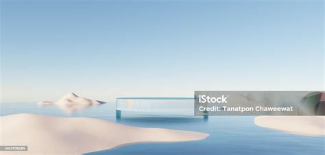 추상 모래 언덕 절벽 모래와 금속 연단 스탠드 플랫폼 초현실적 인 사막 자연 풍경 배경입니다 광택 있는 금속 아치 기하학적 디자인이 있는 사막의 장면 3d 렌더링 물에 대한