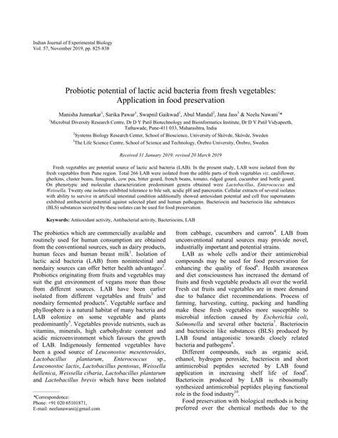 Pdf Probiotic Potential Of Lactic Acid Bacteria From Fresh Vegetables