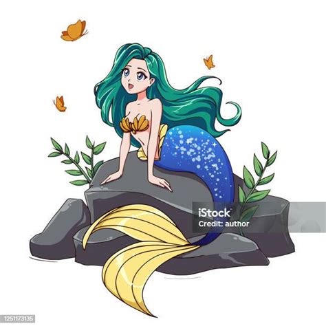 녹색 머리와 돌에 앉아 파란색 꼬리와 귀여운 인어 손으로 그린 애니메이션 일러스트레이션 흰색으로 격리됩니다 티셔츠 디자인 모바일 게임 어린이 책 문신 카드를위한 템플릿 여자