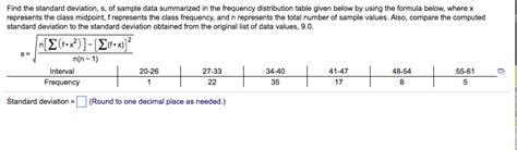 solved find the standard deviation s of sample data