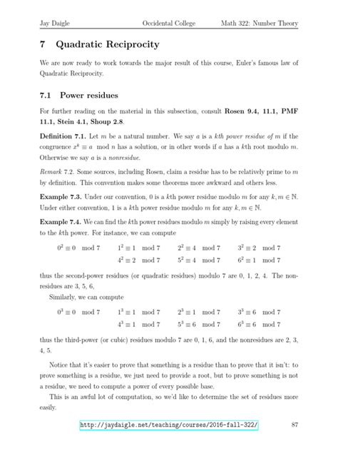Math 322 7 Quadratic Reciprocity Notes Pdf Number Theory Mathematics