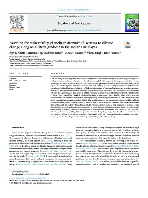 Pdf Assessing The Vulnerability Of Socio Environmental Systems To