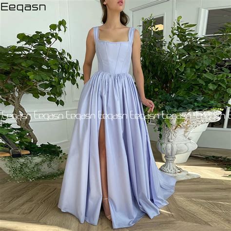 Sky Blue Long Evening Dresses Strapless A Line Satin Women Side Slit