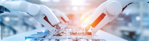 Automated Robotic Arms Efficiently Assembling Components In A High Tech