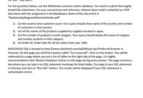 Solved For The Questions Below Use The W3schools Customer
