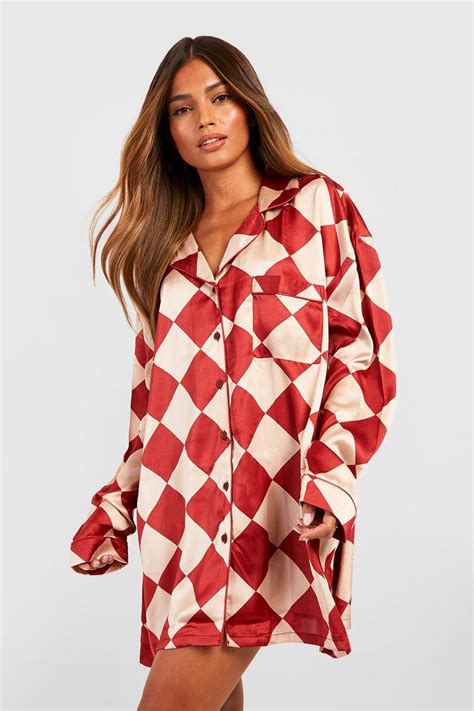 Oversized Checkerboard Print Night Shirt Boohoo Uk