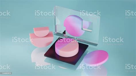 3d 렌더링 파란색 배경에 기하학적 연단에 투명한 유리 실린더가 있는 파란색과 분홍색 고무 연단 0명에 대한 스톡 사진 및 기타 이미지 Istock