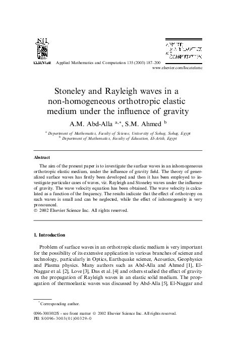 Pdf Stoneley And Rayleigh Waves In A Non Homogeneous Orthotropic Elastic Medium Under The