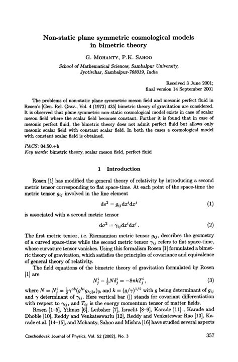 Pdf Non Static Plane Symmetric Cosmological Models In Bimetric Theory