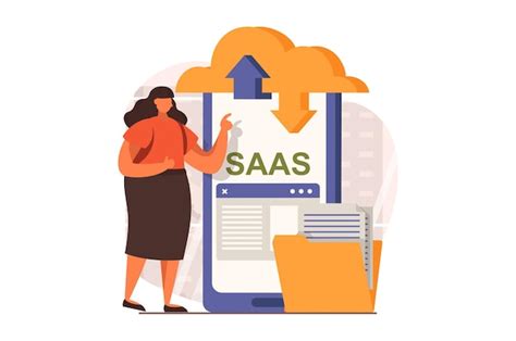 평면 디자인 여성의 Saas 웹 개념은 스마트폰 앱 업로드 및 다운로드 파일에서 클라우드 스토리지를 사용합니다 프리미엄 벡터