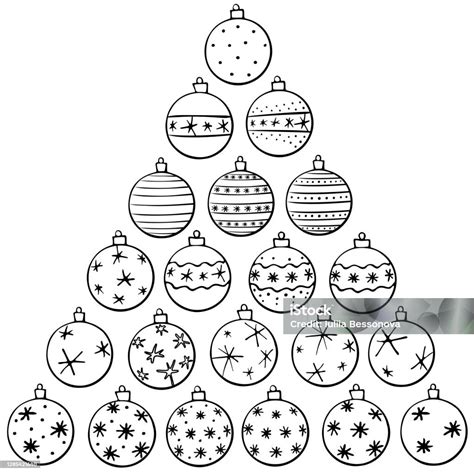 크리스마스 트리 공의 벡터 삼각형 색칠 공부 인사말 카드 달력 인쇄를위한 새해 및 Xmas 그림 검은 흰색 윤곽선 낙서 손으로 그린 0명에 대한 스톡 벡터 아트 및 기타