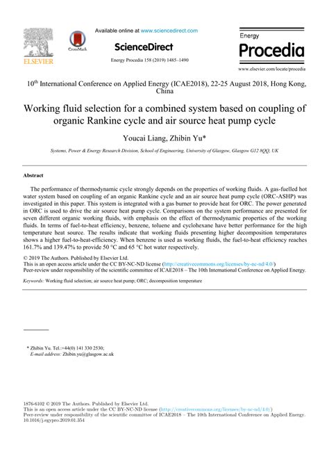 Pdf Working Fluid Selection For A Combined System Based On Coupling Of Organic Rankine Cycle