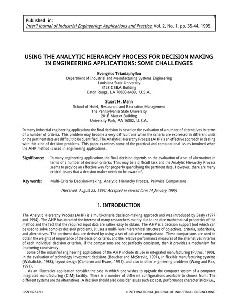 Pdf Using The Analytic Hierarchy Process For Decision Making In Engineering Applications Some