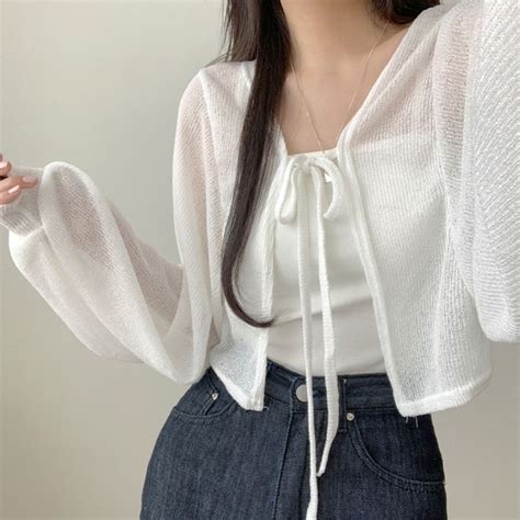 [살안타템 Joysmade] 파우더 리본 볼레로 시스루 부클 브이넥 긴팔 니트 여름가디건 크롭 7color