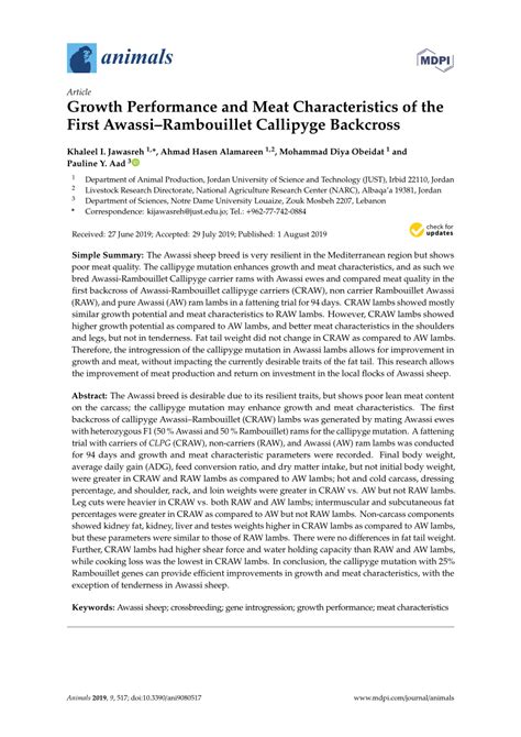 Pdf Growth Performance And Meat Characteristics Of The First Awassirambouillet Callipyge