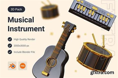 Acoustic Guitar Drum And Piano 3d Illustration Gfxtra