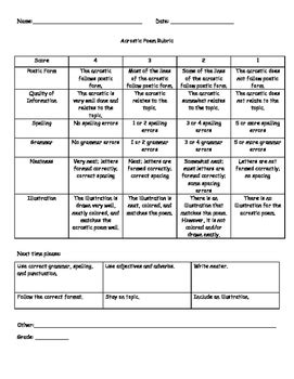 Acrostic Poem Rubric By Teachers Toolbox Teachers Pay Teachers