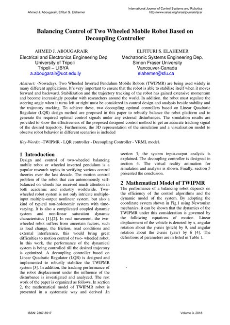 Pdf Balancing Control Of Two Wheeled Mobile Robot Based On Decoupling Controller