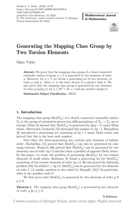 Generating The Mapping Class Group By Two Torsion Elements Request Pdf