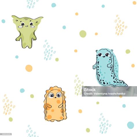 흰색 배경에 귀여운 괴물들이 매끄러운 패턴 섬유 직물 및 종이를위한 섬세한 어린이 인쇄 보육원에 대 한 밝은 벡터 그림입니다 귀여운에 대한 스톡 벡터 아트 및 기타 이미지