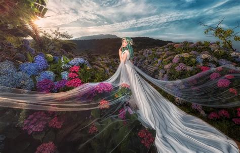 Wallpaper Summer The Sky Girl Clouds Flowers Nature Background